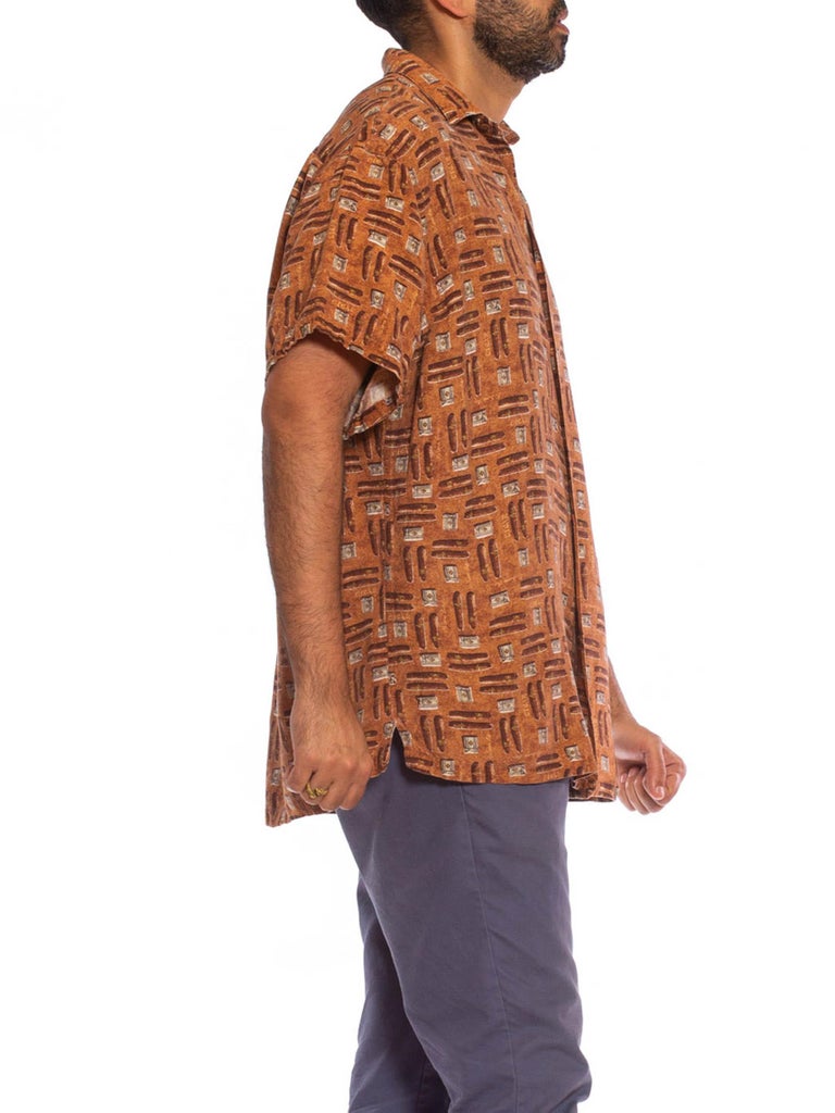1990S Cigar Brown Linen Blend Men's Cigars and Lighters Print Shirt For ...