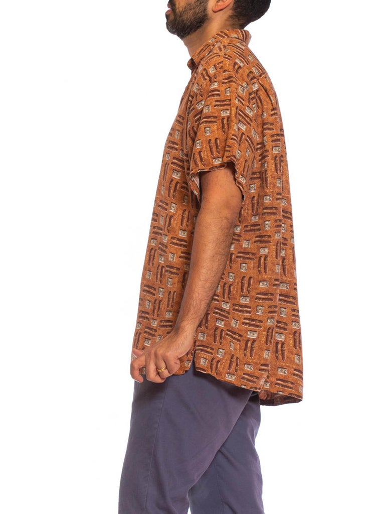 1990S Cigar Brown Linen Blend Men's Cigars and Lighters Print Shirt For ...