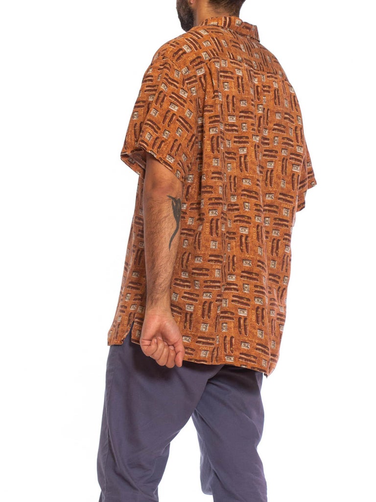 1990S Cigar Brown Linen Blend Men's Cigars and Lighters Print Shirt For ...