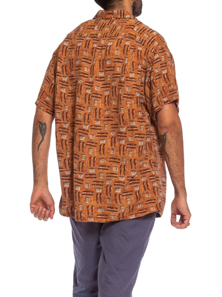1990S Cigar Brown Linen Blend Men's Cigars and Lighters Print Shirt For ...
