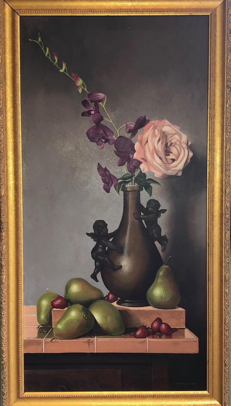 1990s Still Life Painting by David Birmingham Floral with Cupids Apples ...