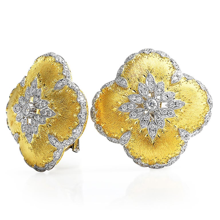 1990's Diamond 18K Gold Platinum Rigato Clover Flower Clip On Stud ...