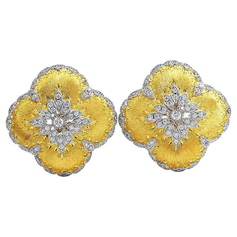 1990's Diamond 18K Gold Platinum Rigato Clover Flower Clip On Stud ...