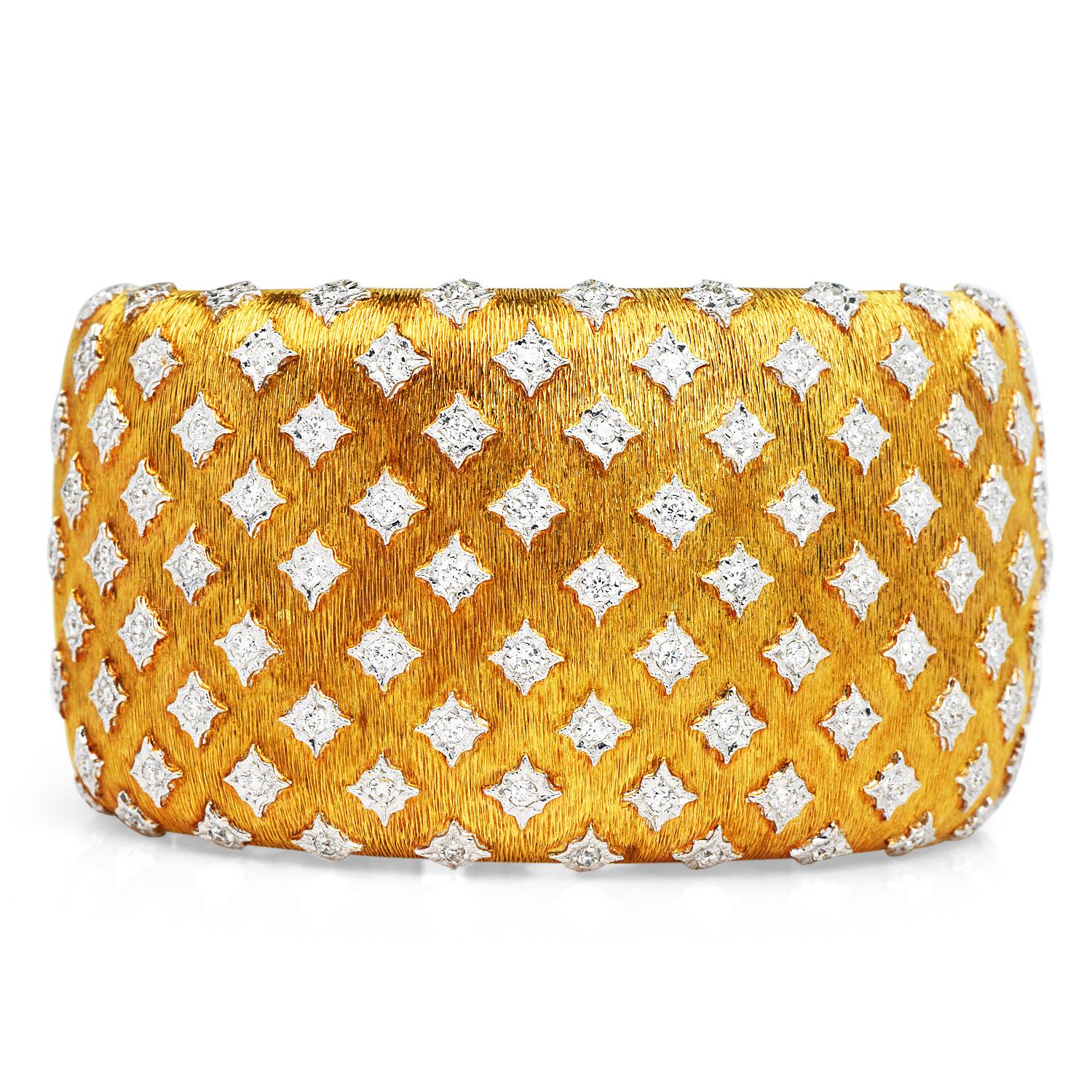 1990's Diamond 18K Yellow Gold Rigato Wide Cuff Bangle Bracelet at ...
