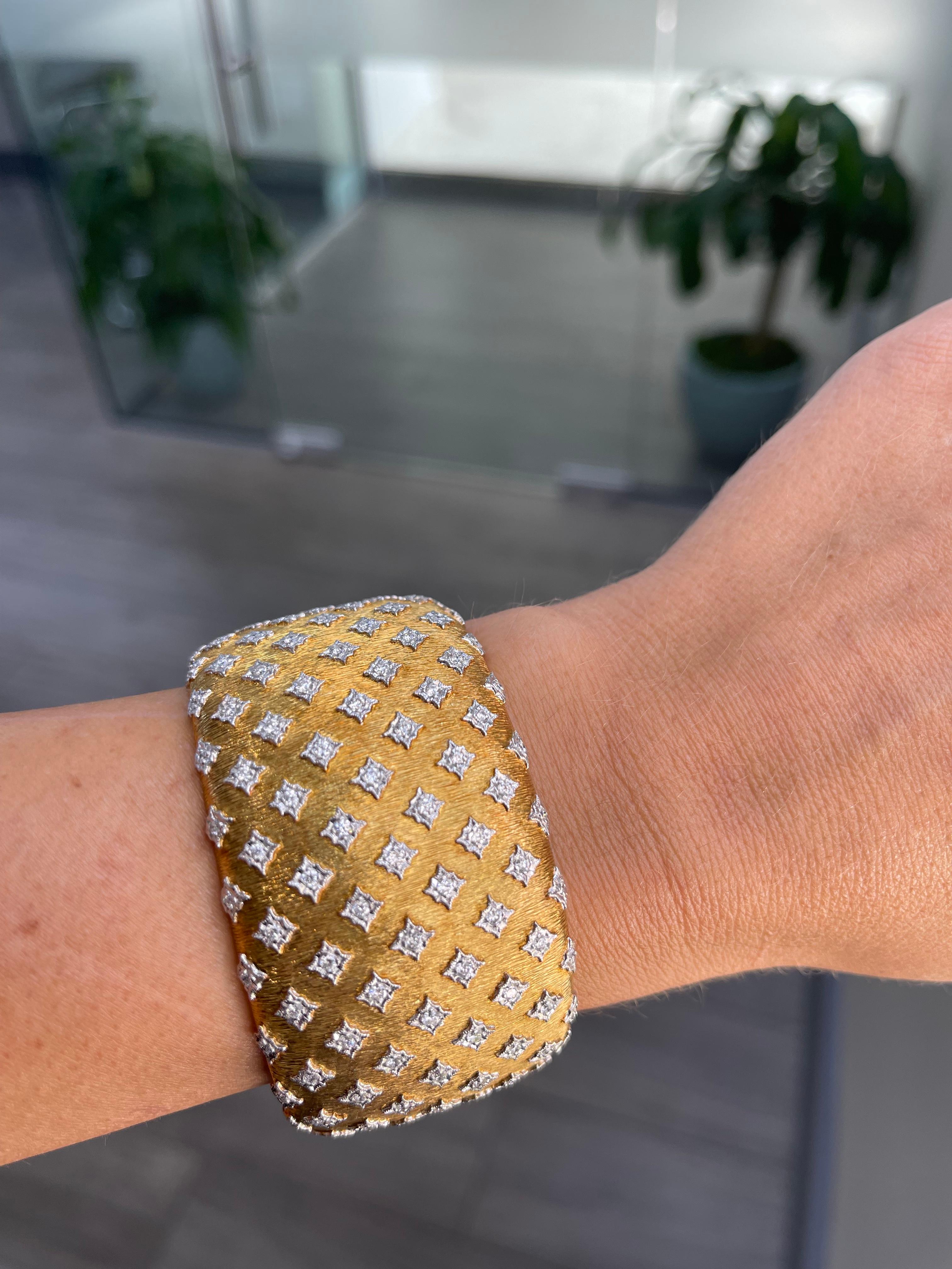 1990's Diamond 18K Yellow Gold Rigato Wide Cuff Bangle Bracelet at ...