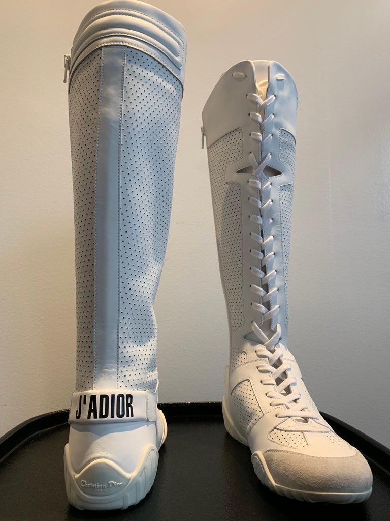 1990s Dior "J'Adior" White Perforated Leather Wrestling-Style Boots ...