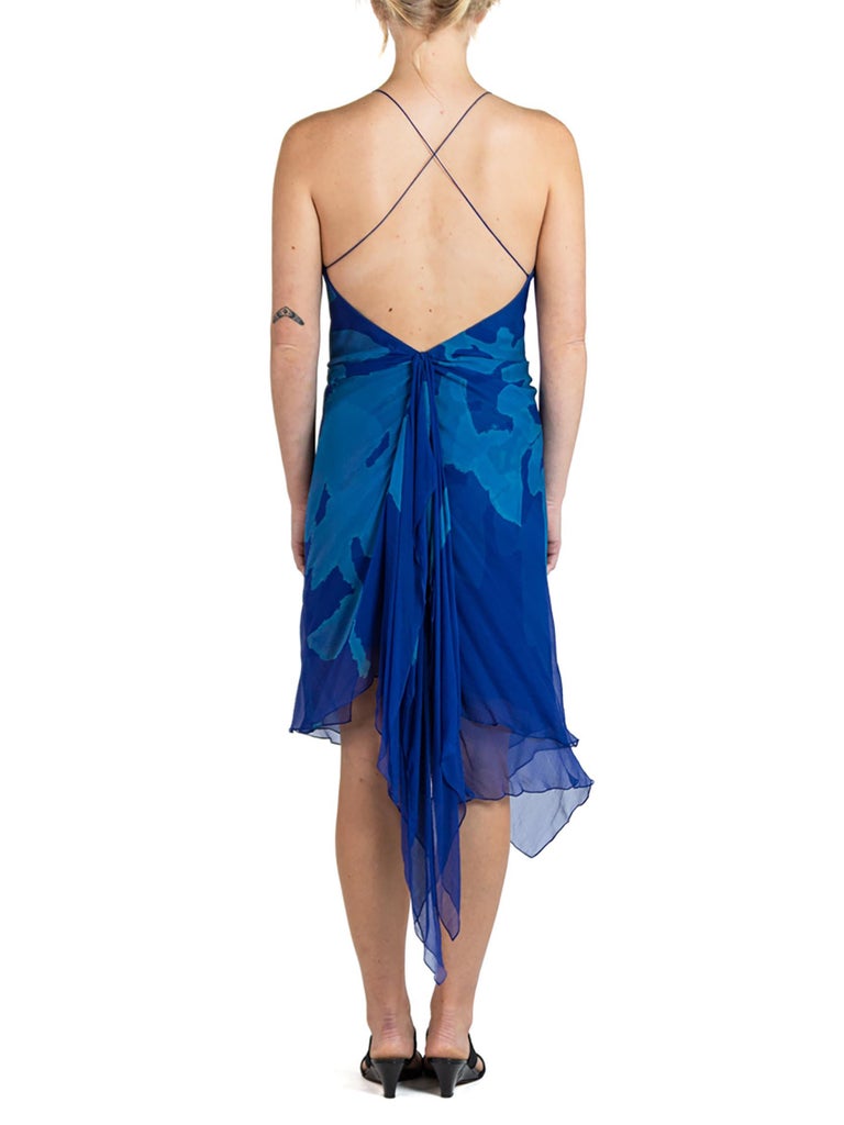 1990S DONNA KARAN Blue Bias Cut Silk Mousseline Chiffon Cocktail Dress ...
