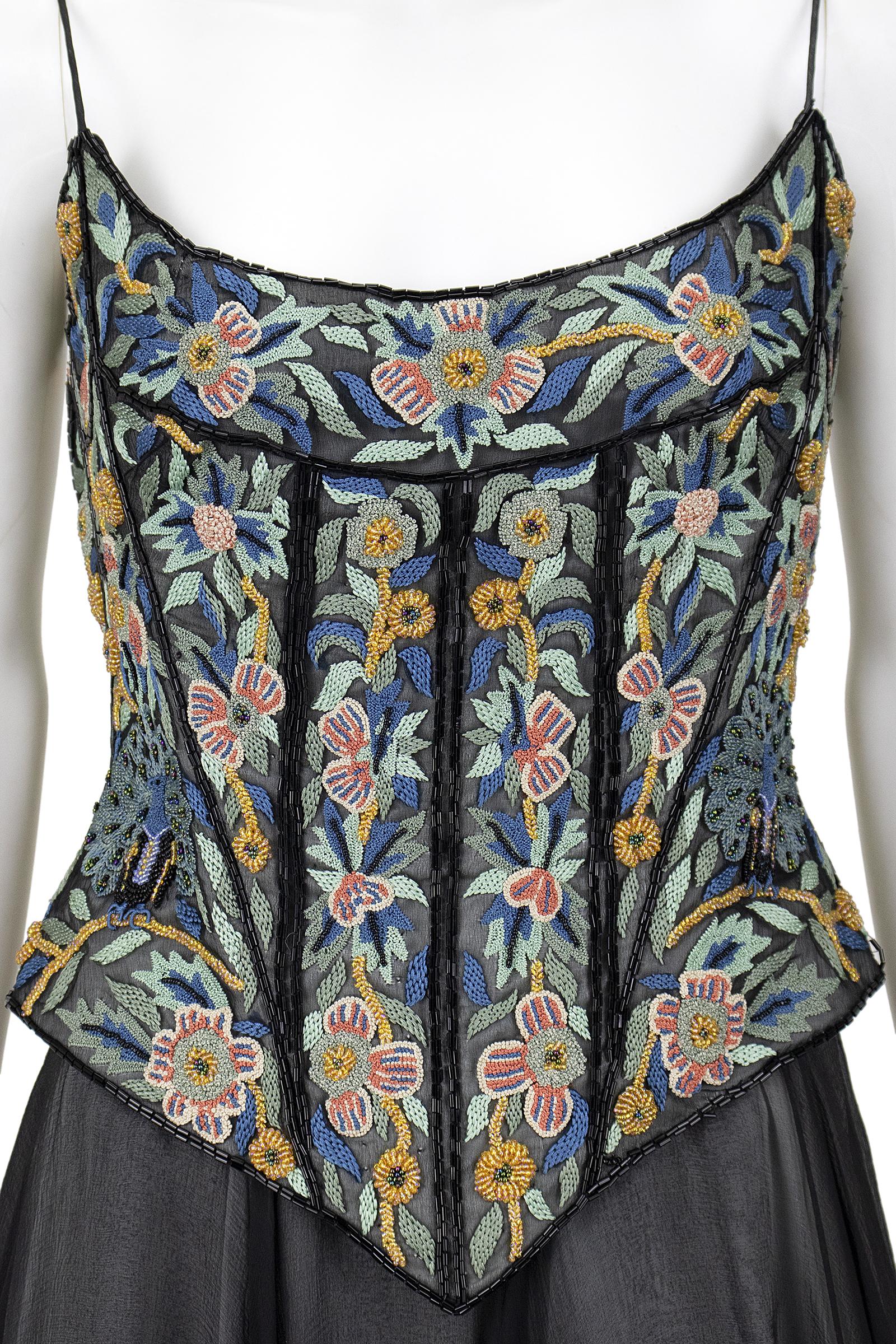 1990s Eavis and Brown London Floral Peacock Beaded Corset and Chiffon ...