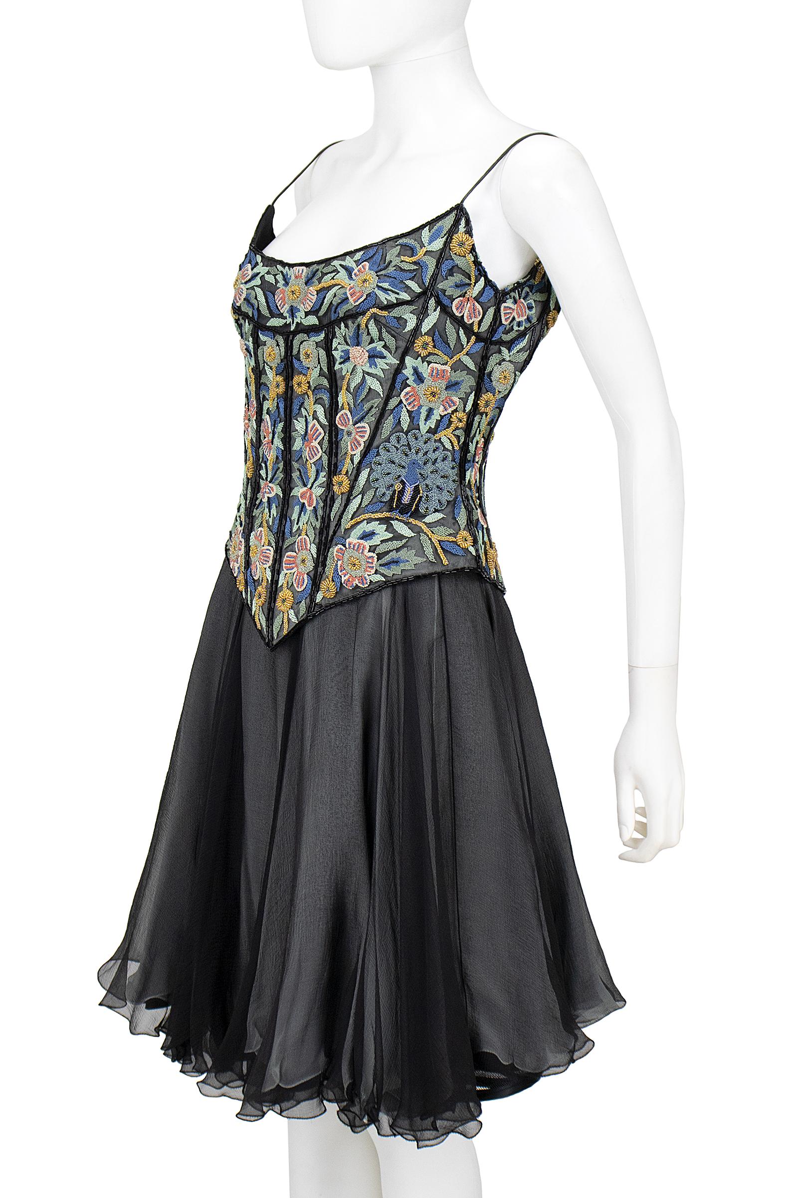 1990s Eavis and Brown London Floral Peacock Beaded Corset and Chiffon ...