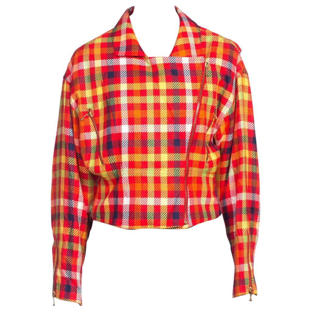 1990'S Emanuel Ungaro Clueless Silk Plaid Zipper Biker Jacket at 1stDibs