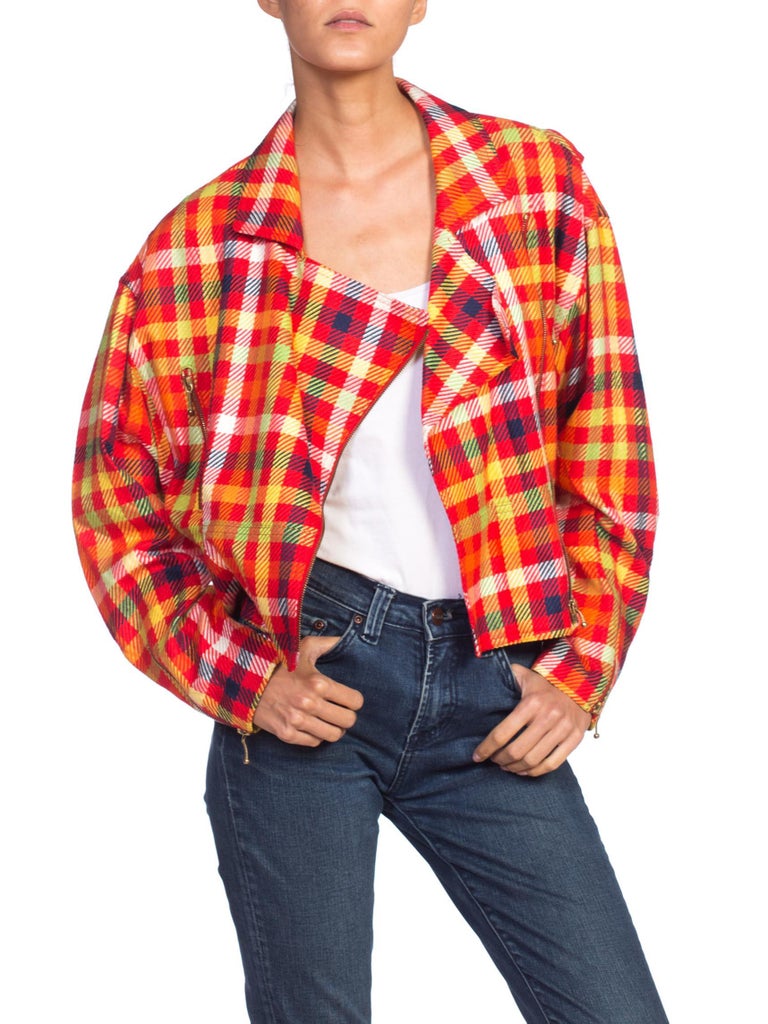 1990'S Emanuel Ungaro Clueless Silk Plaid Zipper Biker Jacket at 1stDibs
