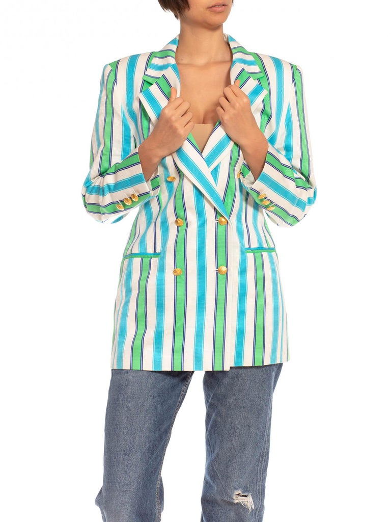 1990S Escada Blue and Green Striped Cotton Blazer With Gold Starfish ...