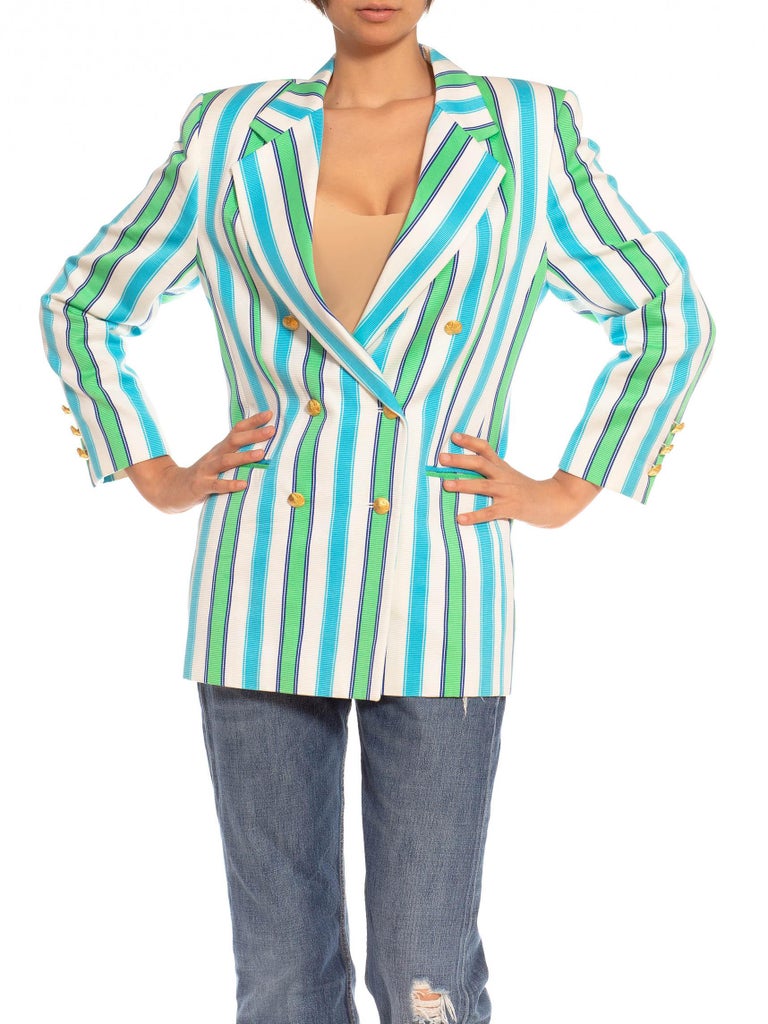 1990S Escada Blue and Green Striped Cotton Blazer With Gold Starfish ...