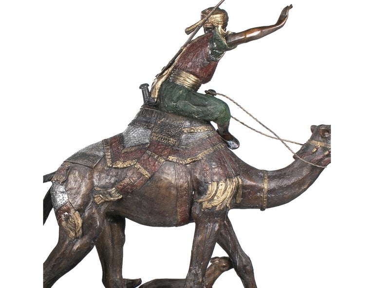 1990s European Painted Bronze Sculpture of Arab Hunter Riding a Camel ...