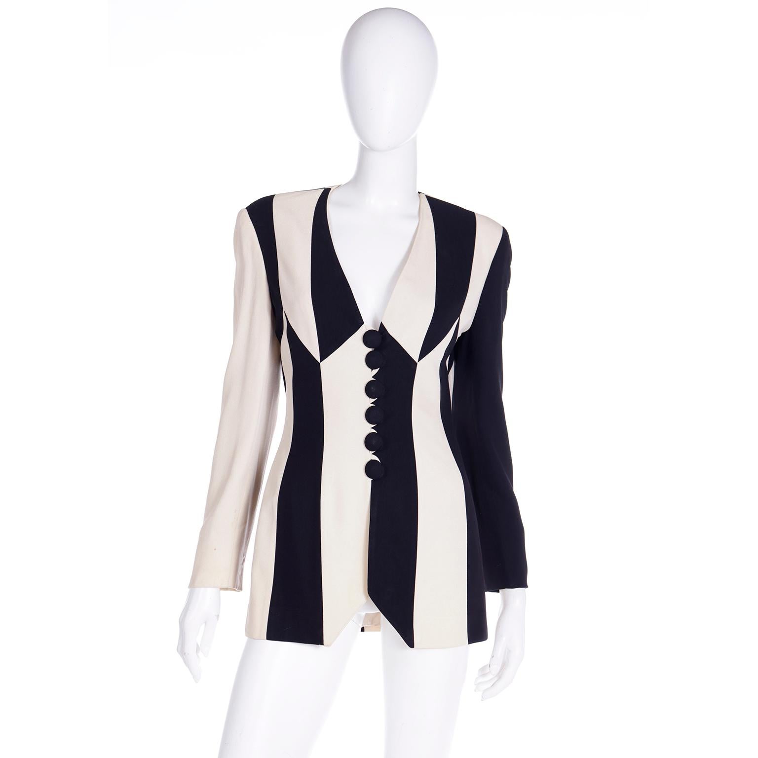 1990s Franco Moschino Vintage Black Contrasting Striped Collarless ...