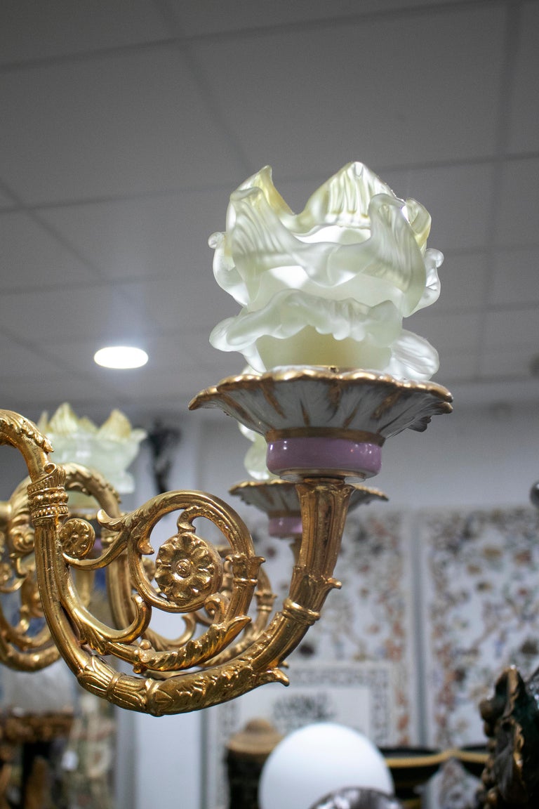 1990s French 8 Bronze Arms Porcelain and Glass Ceiling Chandelier For ...