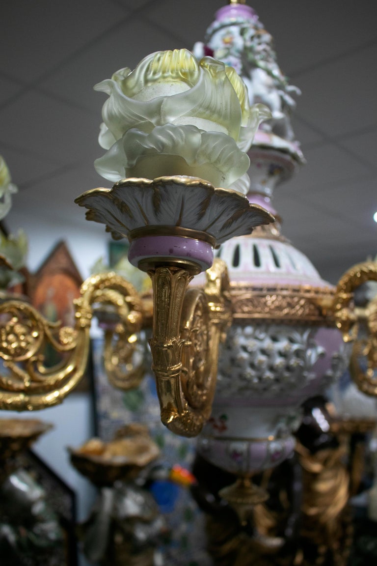 1990s French 8 Bronze Arms Porcelain and Glass Ceiling Chandelier For ...