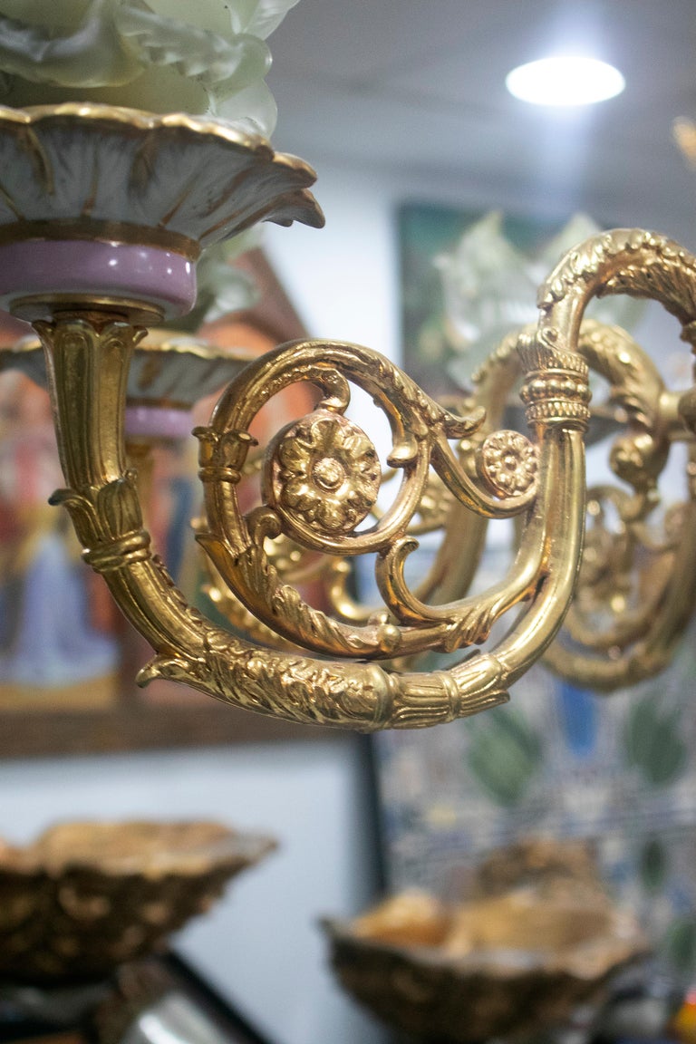 1990s French 8 Bronze Arms Porcelain and Glass Ceiling Chandelier For ...