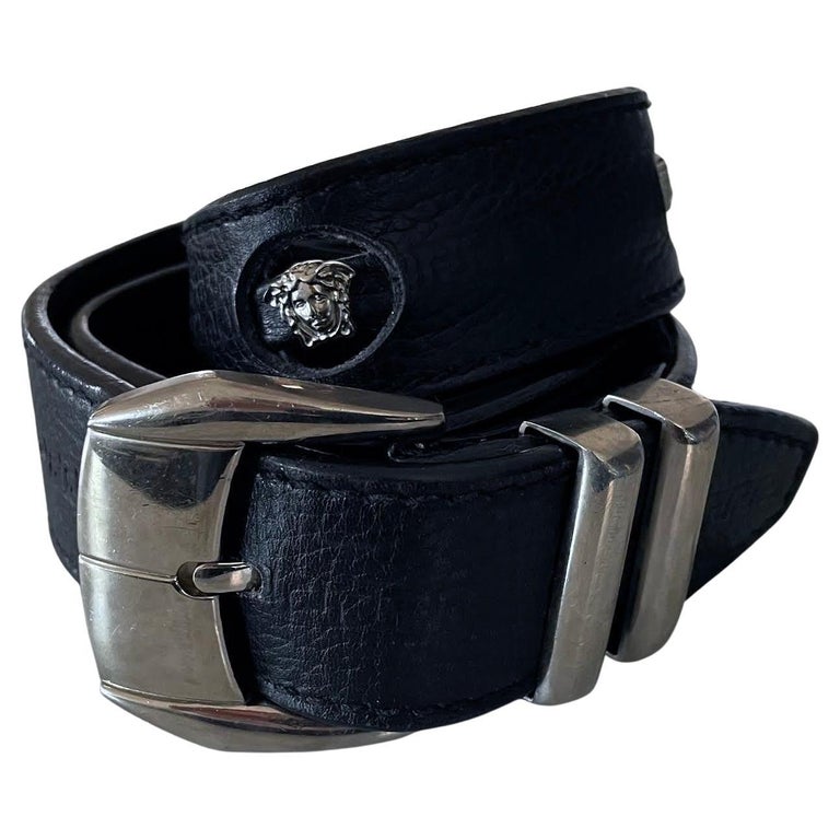1990's GIANNI VERSACE black leather belt with silver Medusa heads and ...