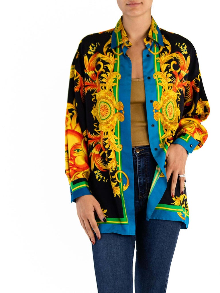 1990S Gianni Versace Black Silk Twill Shirt Miami Beach Baroque Sun For ...