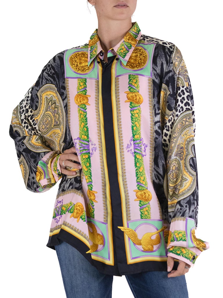 1990S Gianni Versace Blouse Leopard and Grecian Print For Sale at 1stDibs