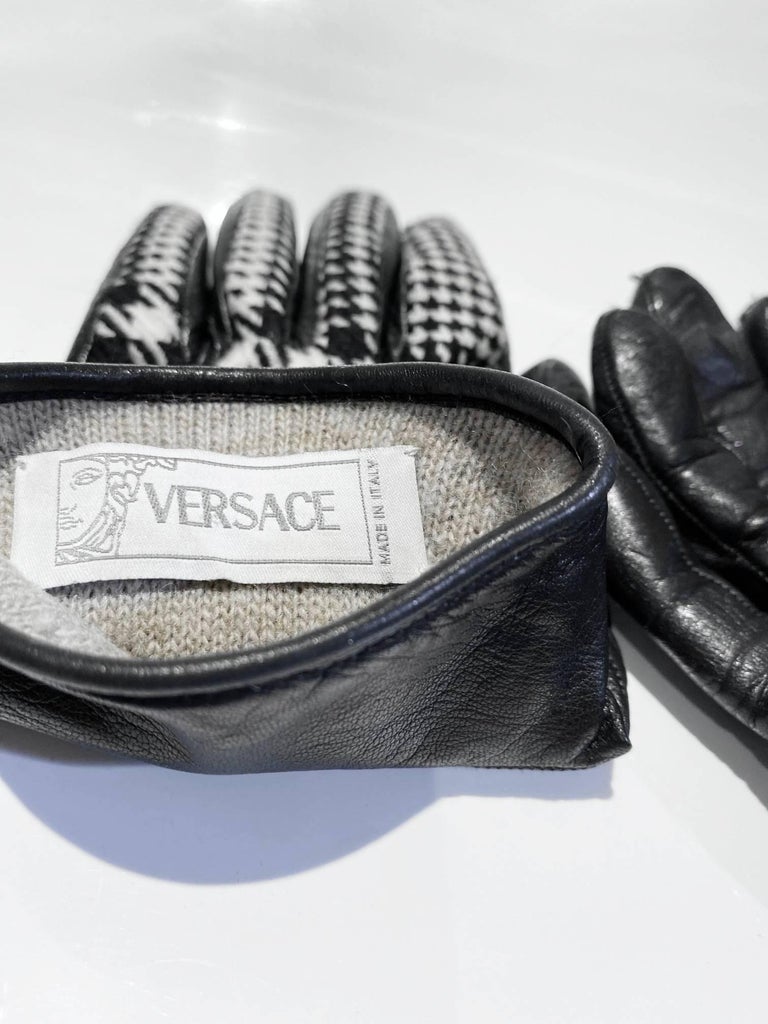 1990s Gianni Versace Dogtooth Wool Leather Winter Gloves For Sale at ...