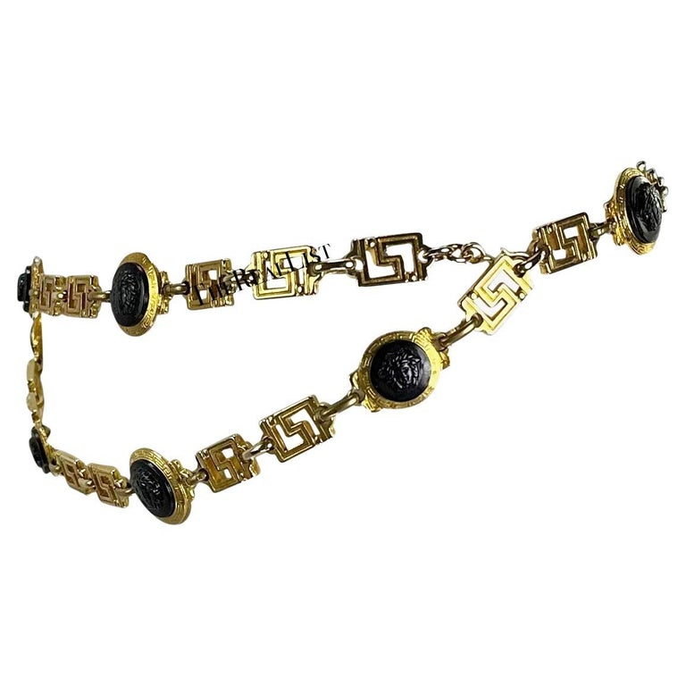 1990s Gianni Versace Double Chain Black Medusa Greek Key Gold Belt For ...