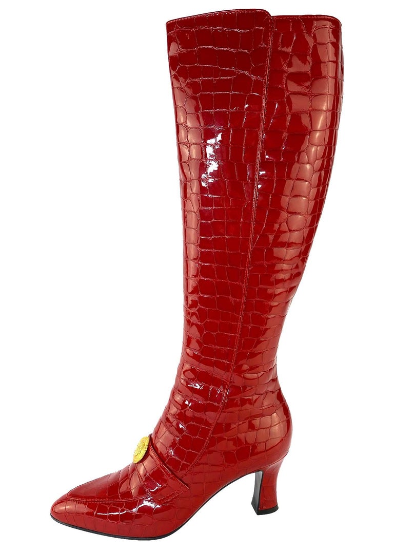 1990s Gianni Versace Gold Medusa Red Croc Embossed Patent Leather Boots ...