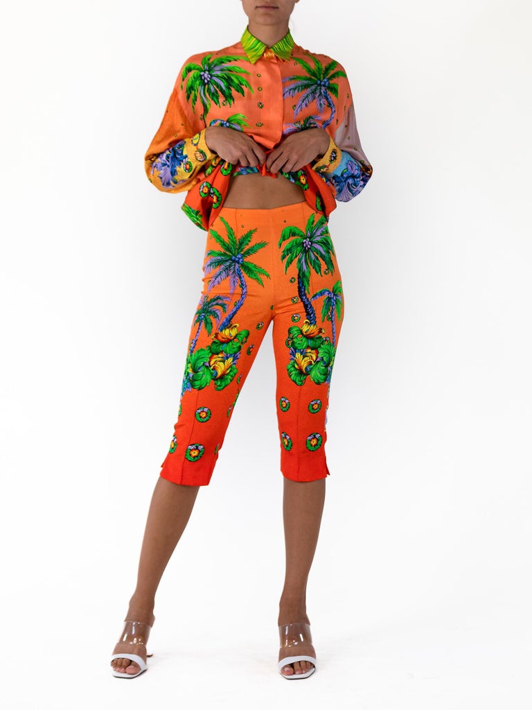 1990S GIANNI VERSACE Orange Silk Miami Beach Collection Ensemble For ...