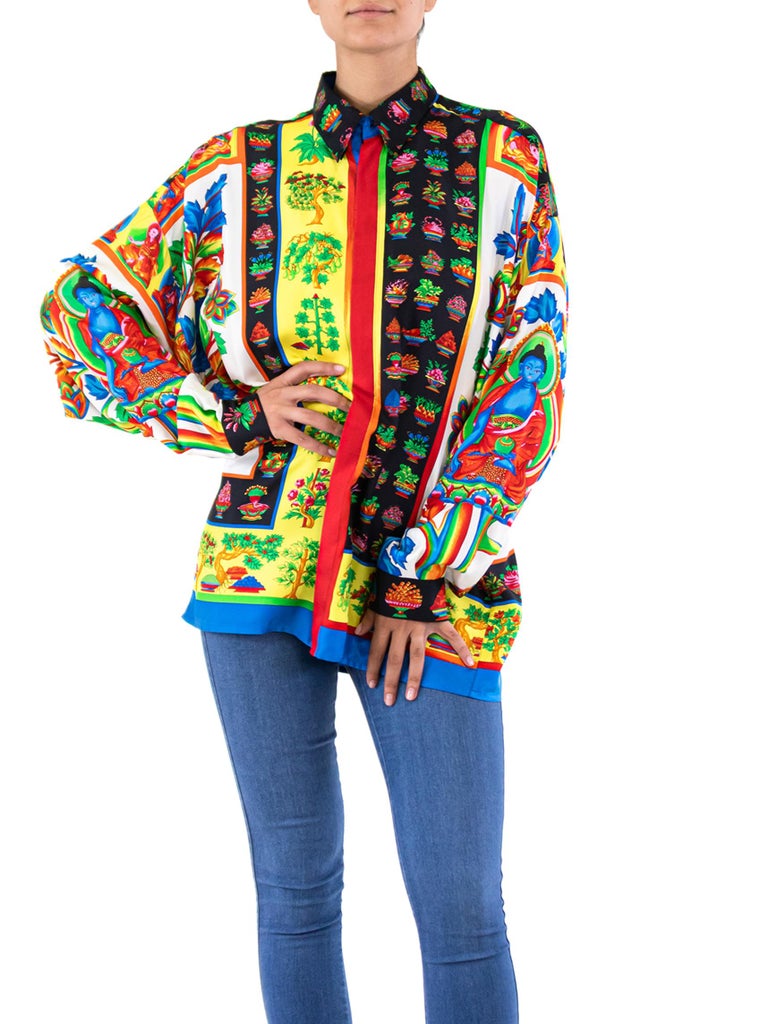 1990S VERSACE Silk Buddha Print Blouse For Sale at 1stDibs