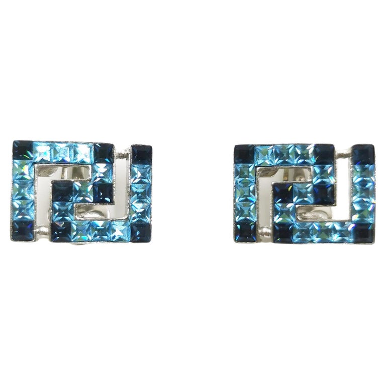 1990's Gianni Versace Vintage Blue Rhinestones Crystal Greca Clip On ...