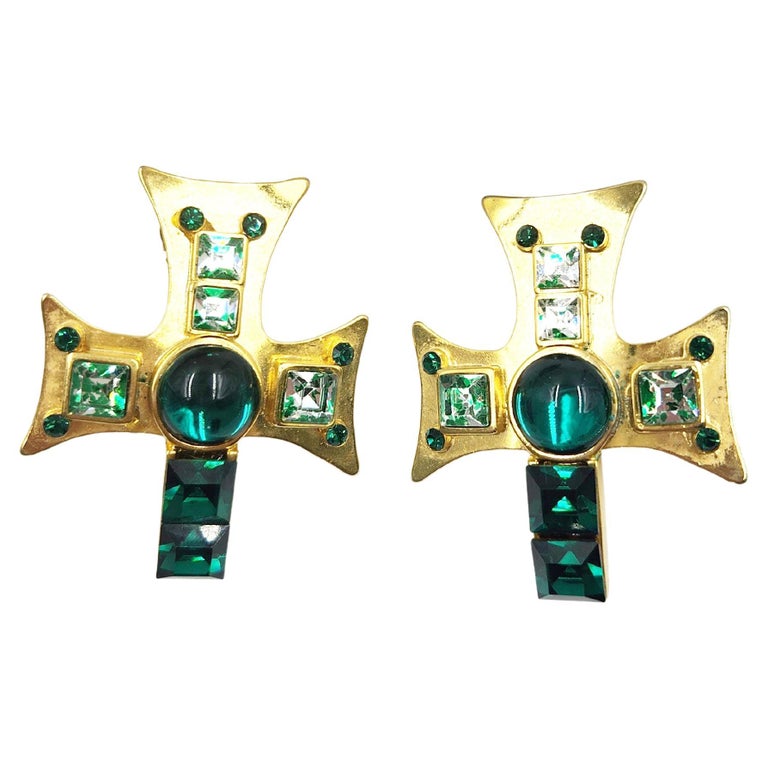 1990's Gianni Versace Vintage Gold Green Cross Rhinestones Clip On ...