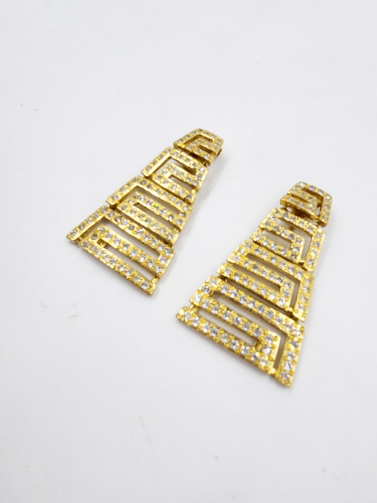 1990's Gianni Versace Vintage Greca Gold Dangle Long Rhinestone Clip On ...