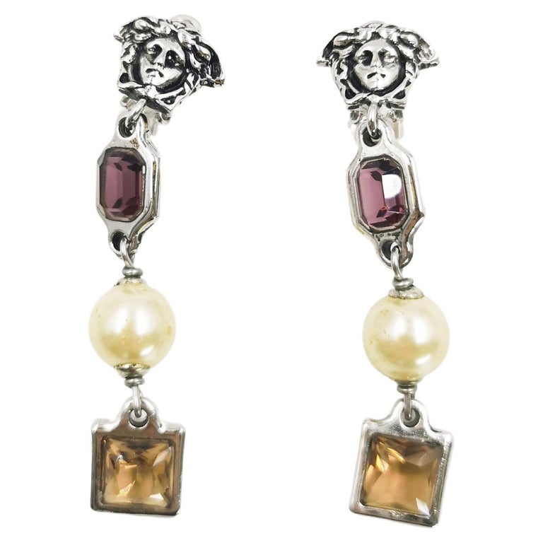 1990's Gianni Versace Vintage Medusa Pearl Crystal Silver 925 Dangle ...