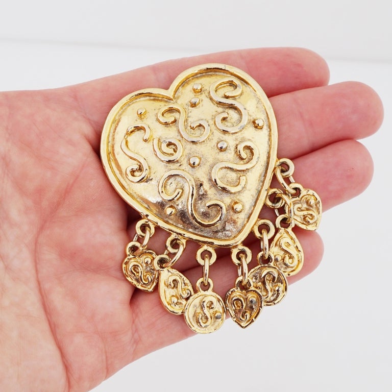 1990s Gilded Heart Brooch w/ Scroll Details and Dangle Accents By ...