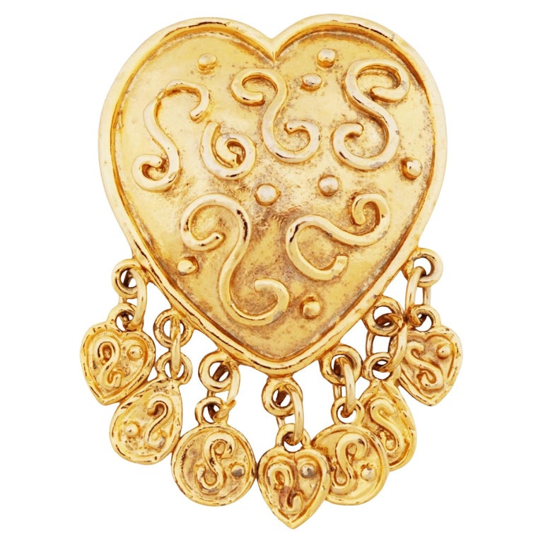 1990s Gilded Heart Brooch w/ Scroll Details and Dangle Accents By ...