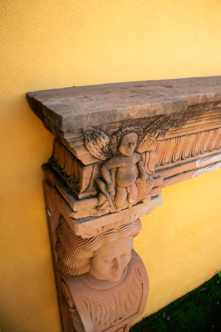 1990s Indian Hand Carved Sandstone Fireplace Mantle with Caryatid ...