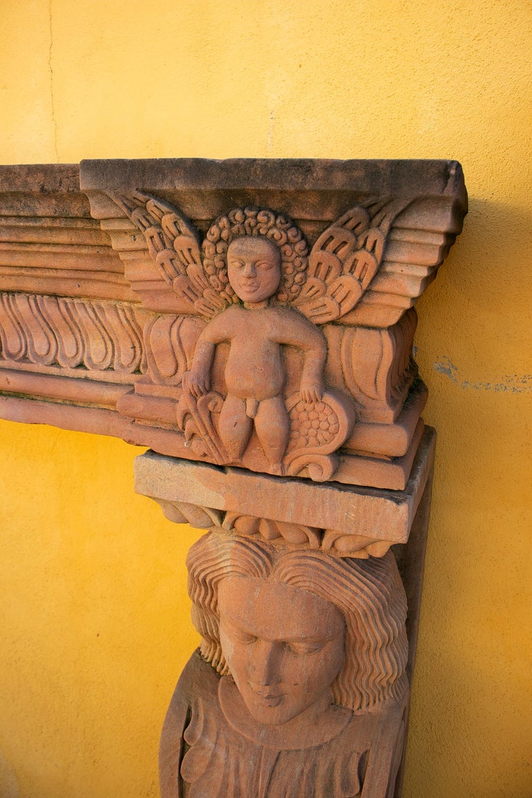 1990s Indian Hand Carved Sandstone Fireplace Mantle with Caryatid ...