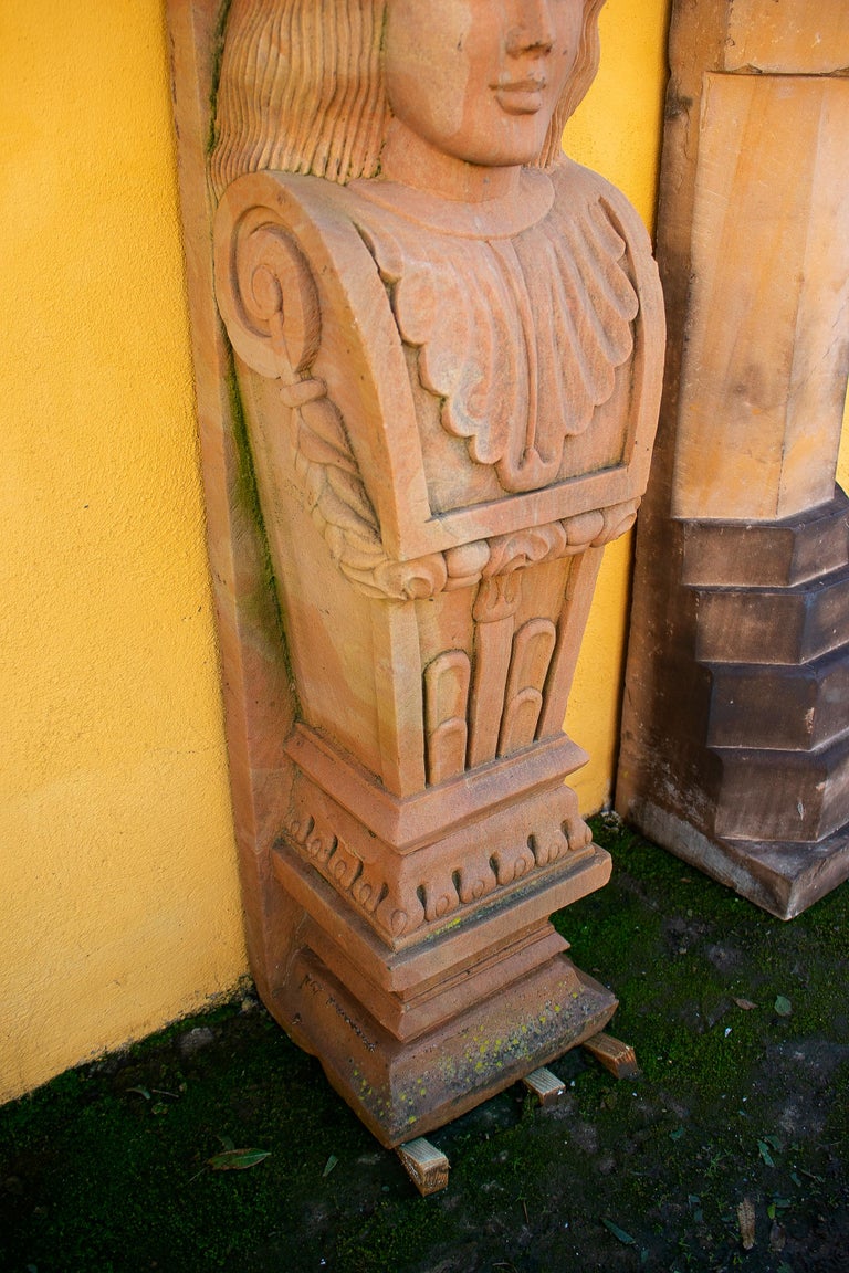 1990s Indian Hand Carved Sandstone Fireplace Mantle with Caryatid ...