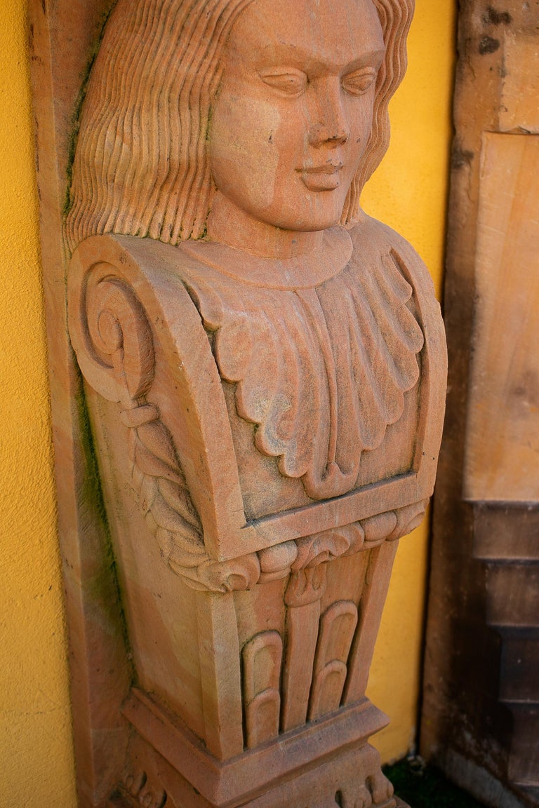 1990s Indian Hand Carved Sandstone Fireplace Mantle with Caryatid ...