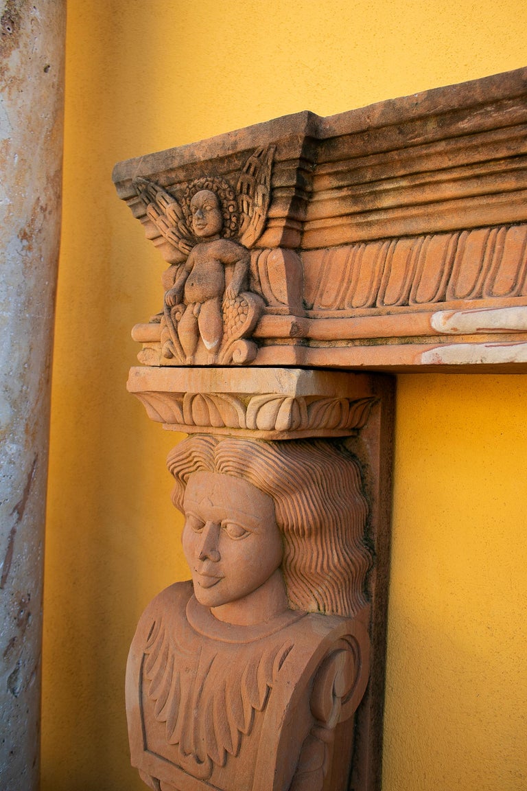1990s Indian Hand Carved Sandstone Fireplace Mantle with Caryatid ...
