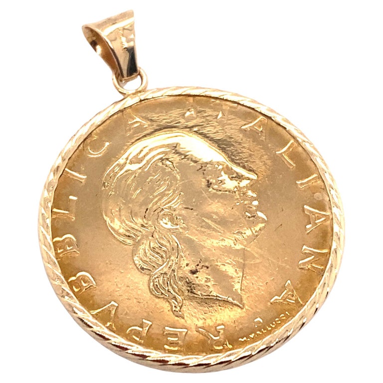 1990s Italian 200 Lira Gold Coin Pendant in 14 Karat Gold For Sale at ...