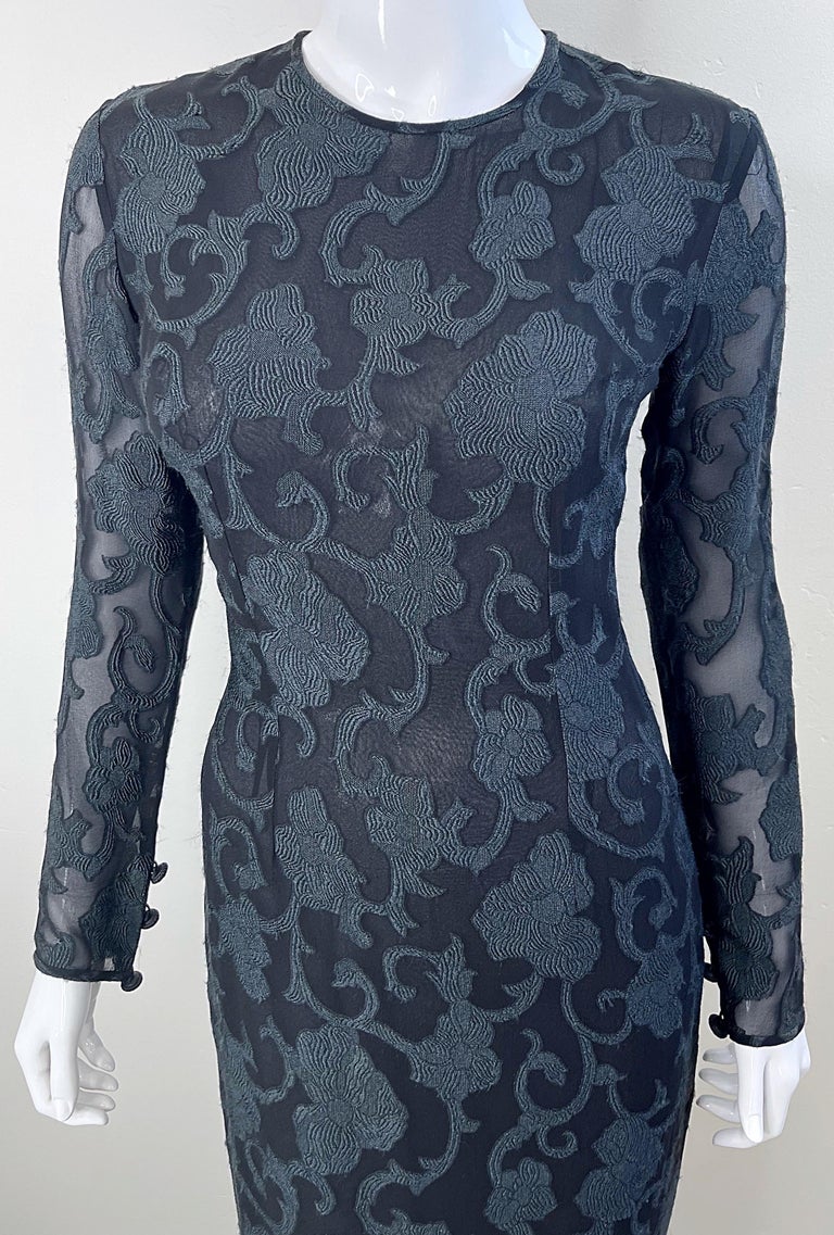 1990s James Purcell Couture Black Silk Chiffon Semi Sheer Filigree ...