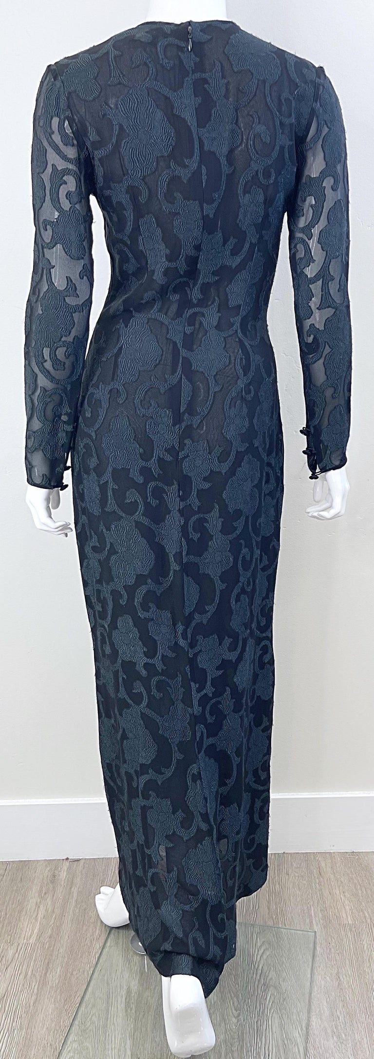 1990s James Purcell Couture Black Silk Chiffon Semi Sheer Filigree ...