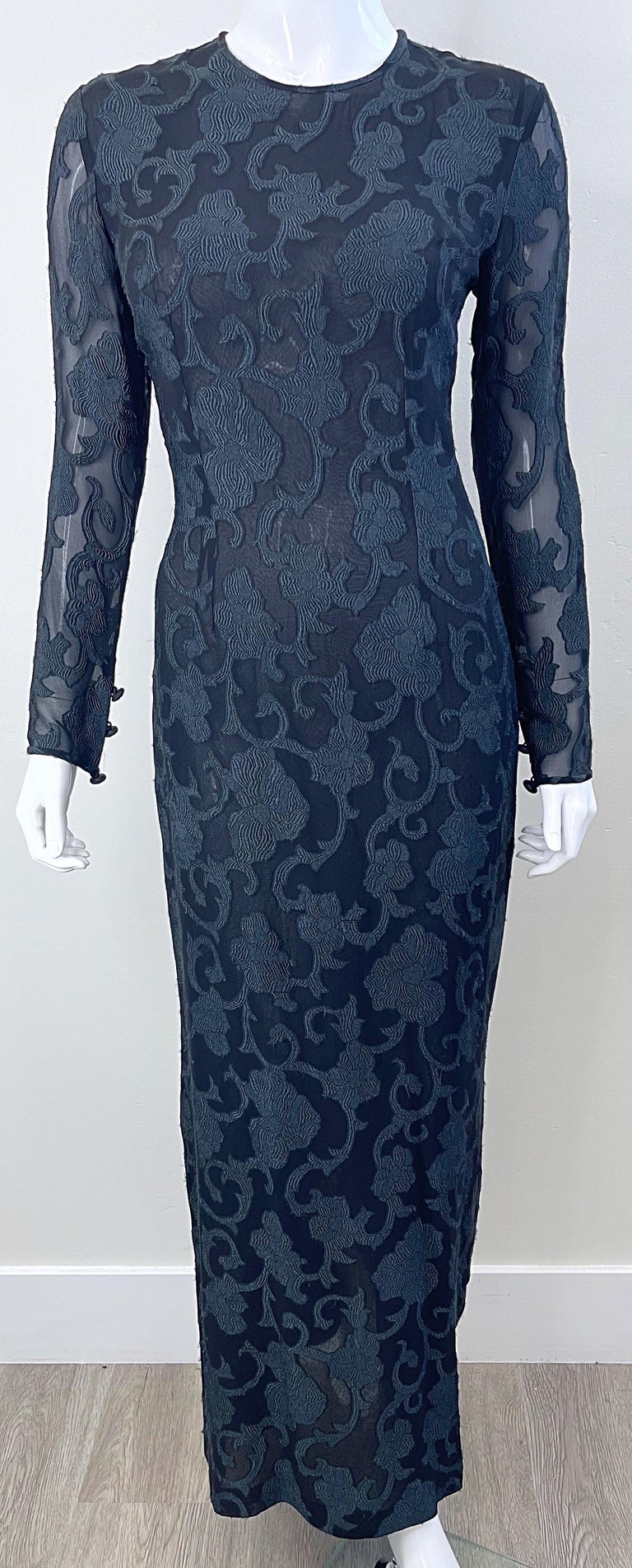 1990s James Purcell Couture Black Silk Chiffon Semi Sheer Filigree ...