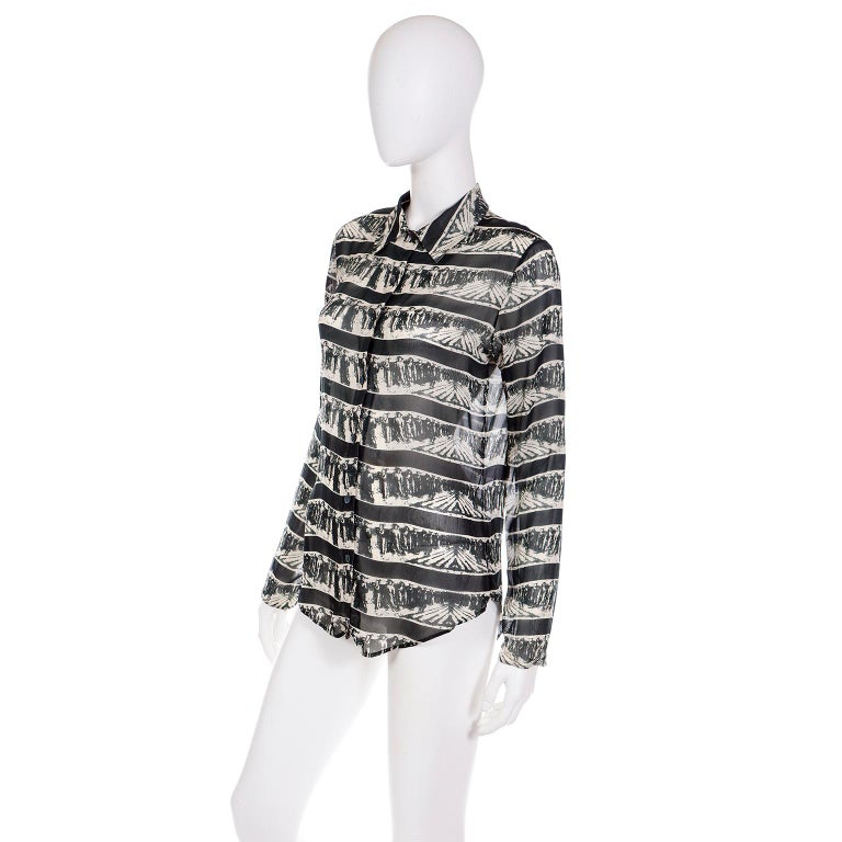 1990s Jean Paul Gaultier Graphic Print Sheer Button Down Blouse Shirt w ...