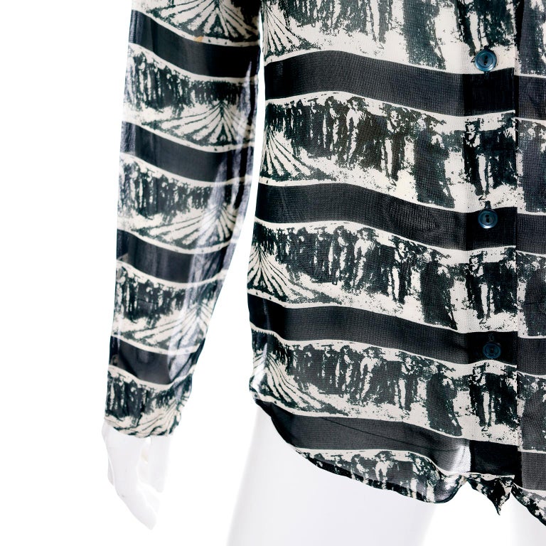 1990s Jean Paul Gaultier Graphic Print Sheer Button Down Blouse Shirt w ...