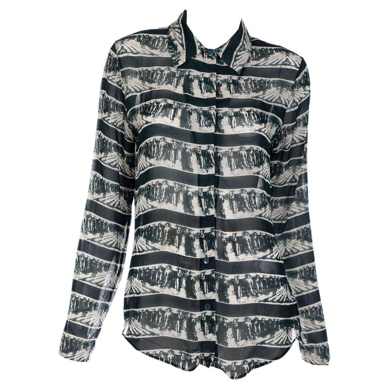 1990s Jean Paul Gaultier Graphic Print Sheer Button Down Blouse Shirt w ...