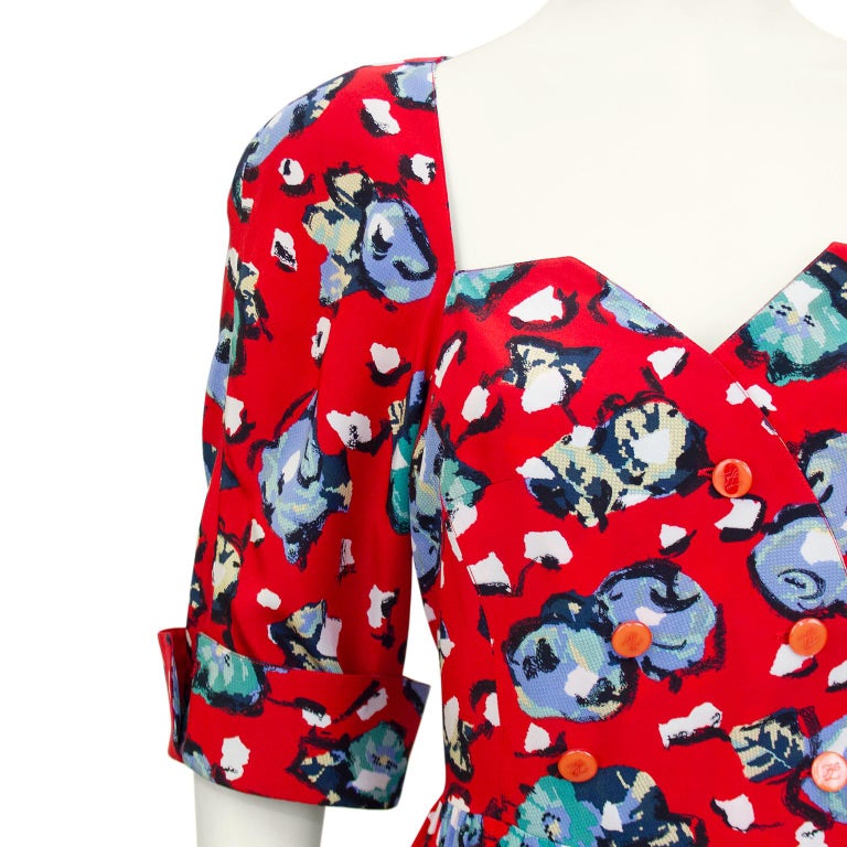 1990s Karl Lagerfeld Red Silk Floral Dress For Sale at 1stDibs