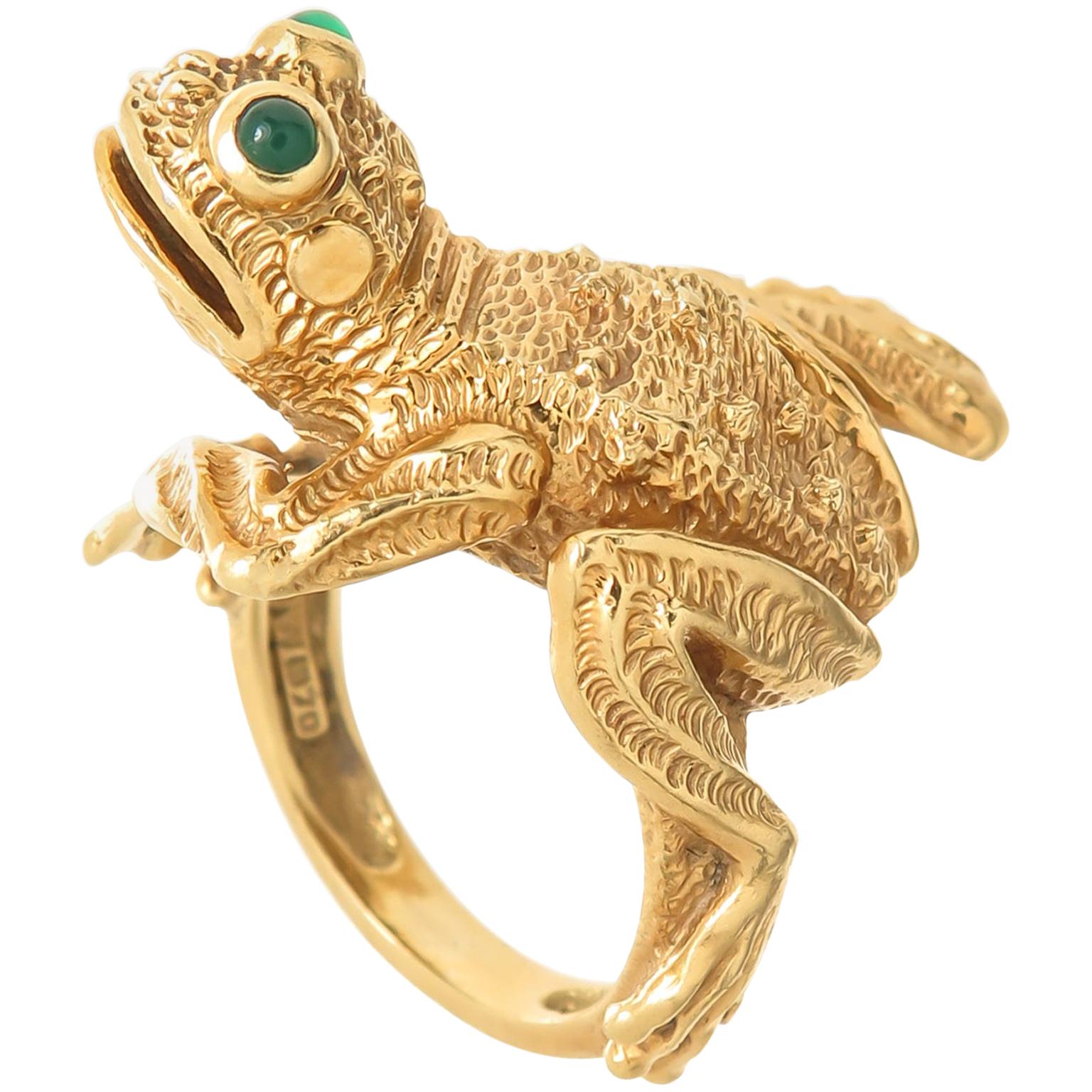 1990s Large Kurt Wayne Whimsical Gem Set Gold Frog Ring at 1stDibs